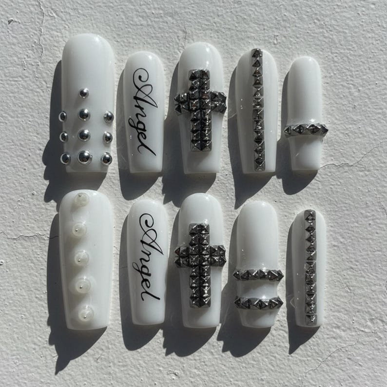 Custom Angel Press on Nails | Cross Stud Bling Set | Silver Gothic ...