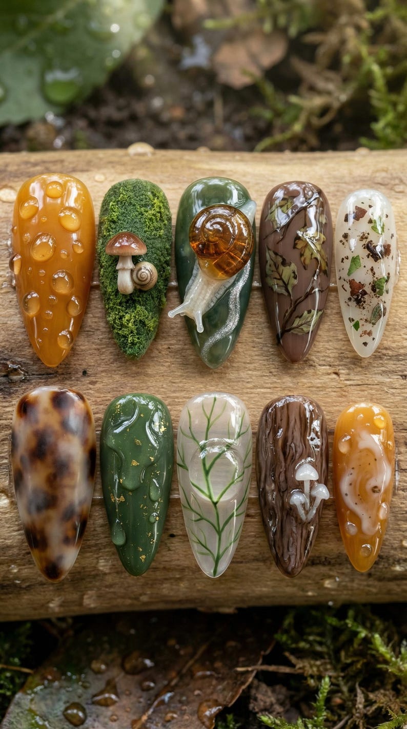 Snail & Moss Press on Nails | 3D Nature Art Stiletto Nails | Realistic ...