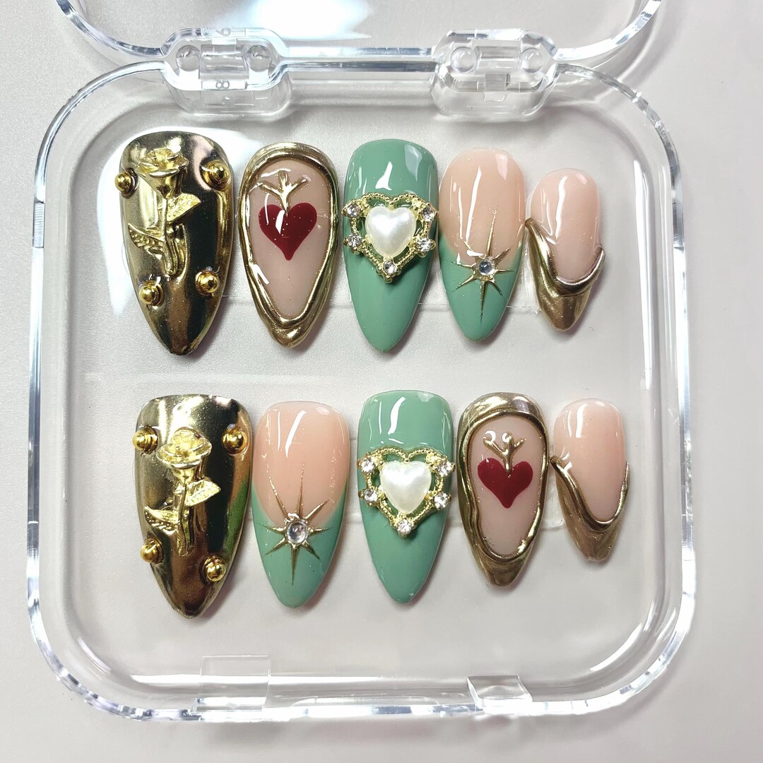 3D Rose & Pearl Press on Nails: Victorian Mint Green Nail Set - Etsy