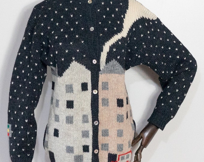 1980s 1990s Novelty Cityscape Cardigan Vintage 80s 90s Winter City ...