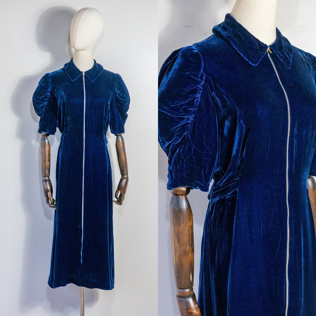 Vintage 1930s Deep Blue Velvet Ruched Sleeve Dress 30s - Etsy