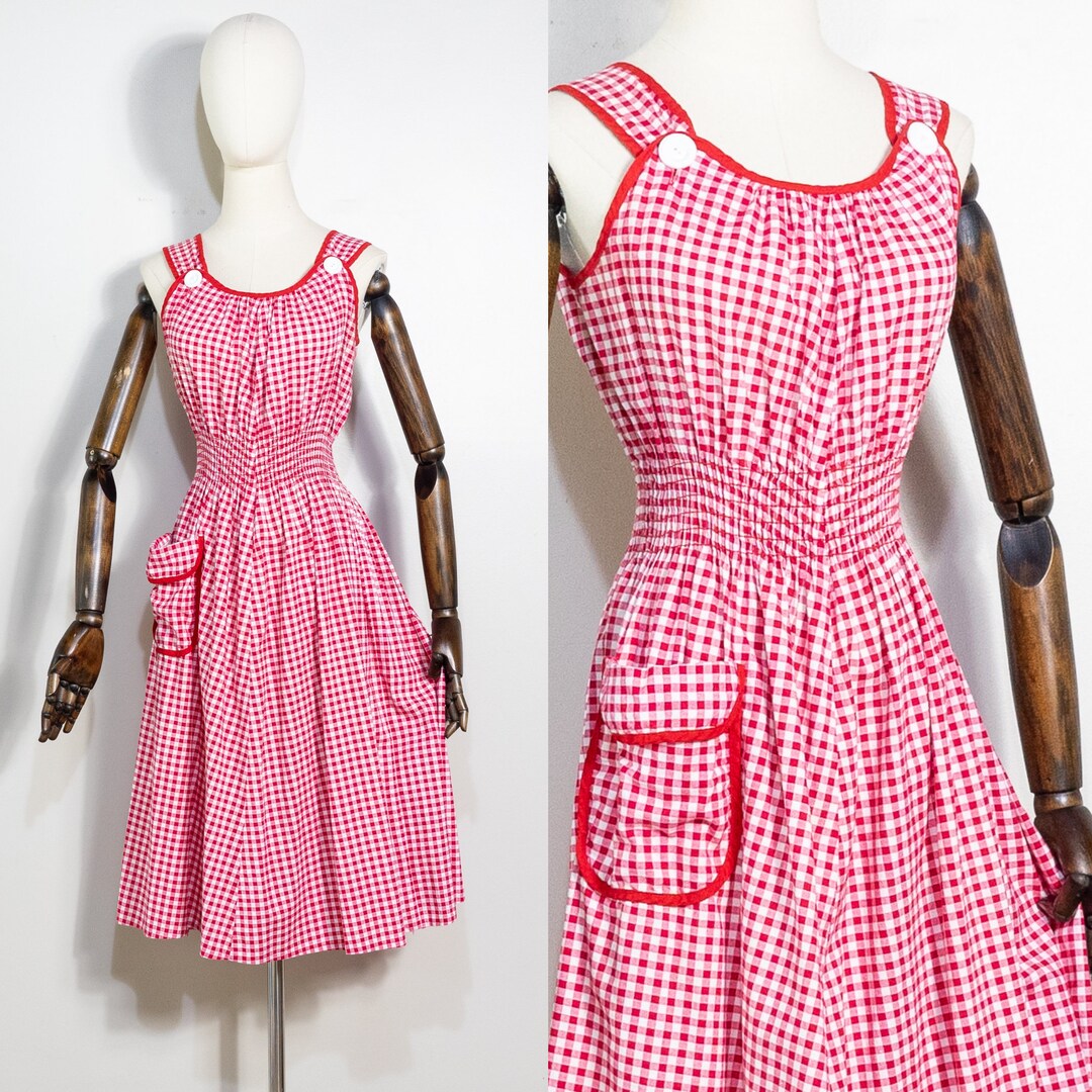 Vintage 1940s Red and White Gingham Sundress | 40s Cotton Sleeveless ...