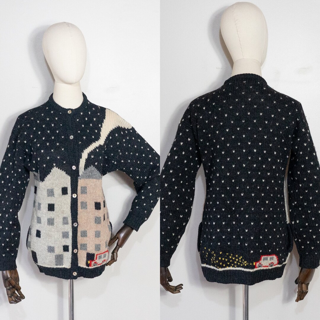 1980s 1990s Novelty Cityscape Cardigan Vintage 80s 90s Winter City ...
