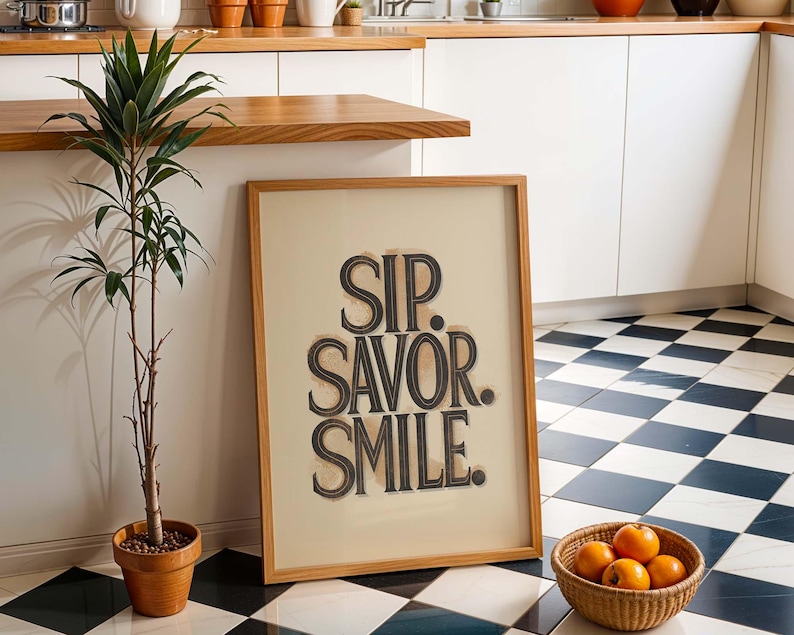 Minimalist Coffee Quote Poster– Sip Savor Smile Typography Wall Art ...