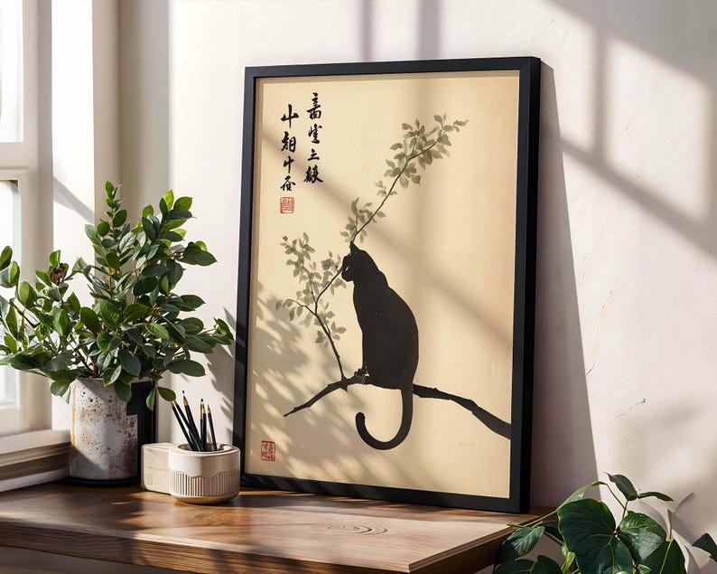 Zen Cat Poster – Japandi Style Japanese Ink Painting, Nature Botanical ...