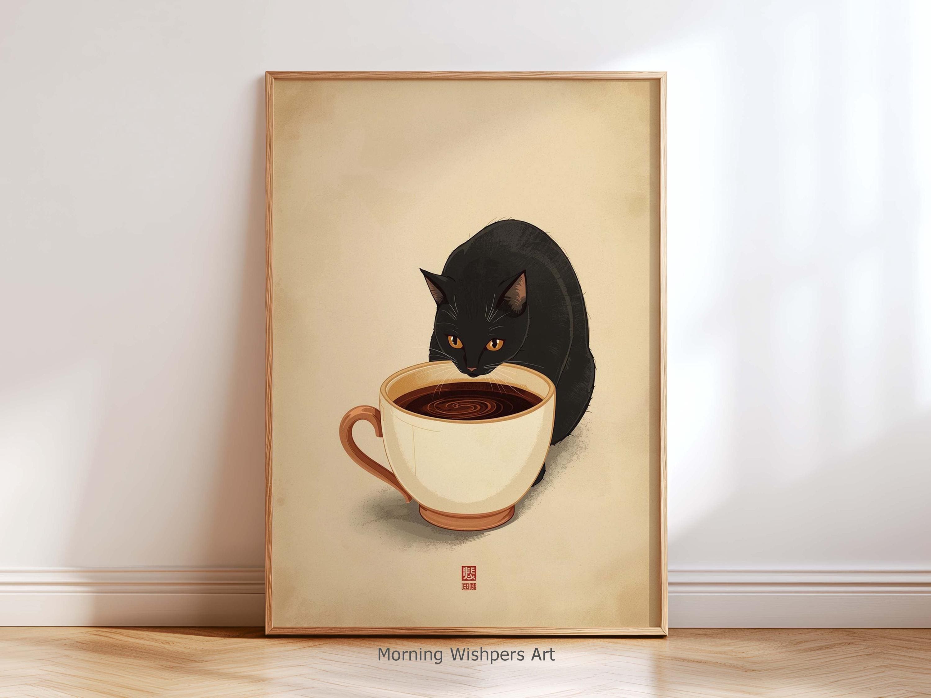 Black Cat Coffee Poster – Cute Cat Illustration Kitchen Decor, Cozy ...