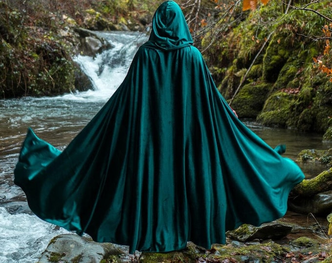 Velvet Cape Green Hooded Cloak, Medieval Elven Fantasy Costume Cape ...