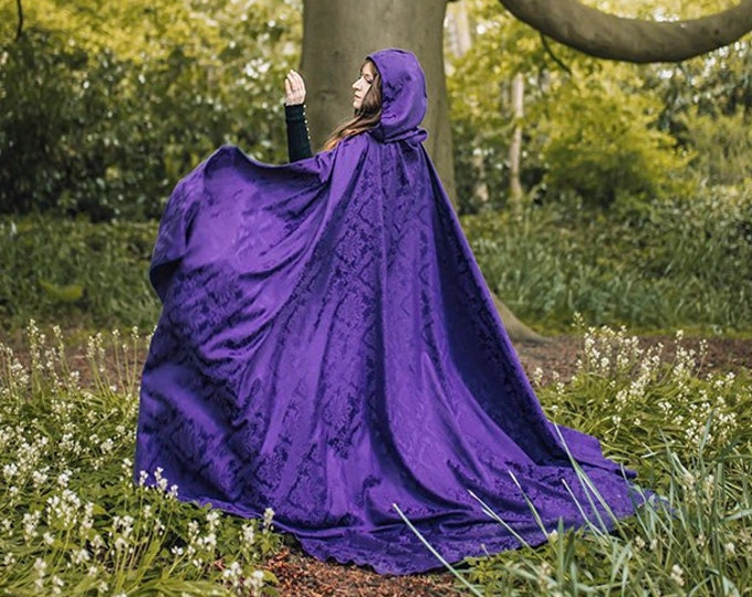 Purple Cape Damasc Cloak With Hood Long Hooded Cape Medieval Fantasy ...