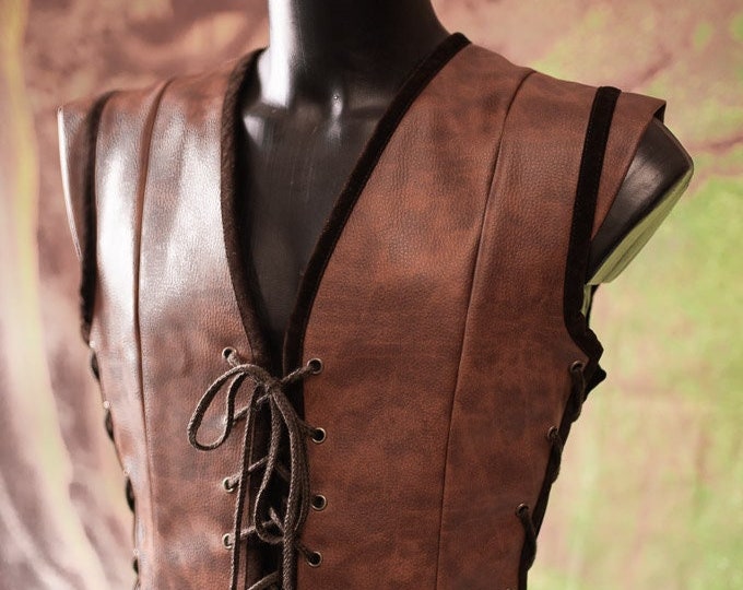 Brown Faux Leather Surcoat Unisex Jerkin Vest Open Front Overgarment ...