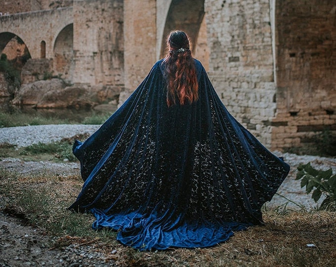 Cloak Burnout Velvet Dark Blue Cape Fairytale Fantasy Witch Hood Elven ...