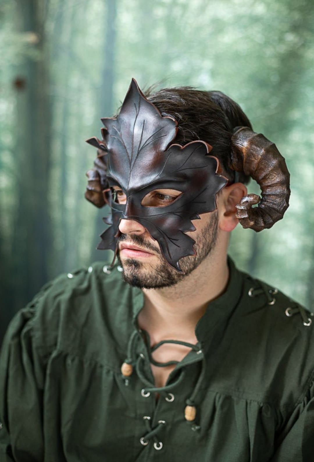 Leather Mask Druid Leaf Maple Autumn Natural Wiccan Masquerade Green ...