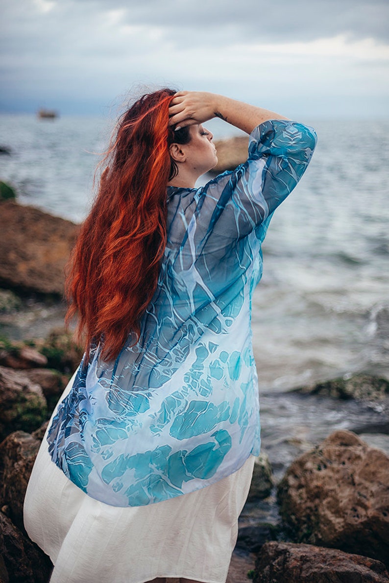 Kimono Robe Chiffon Blue Ocean Waves Cardigan Beach Cover up - Etsy