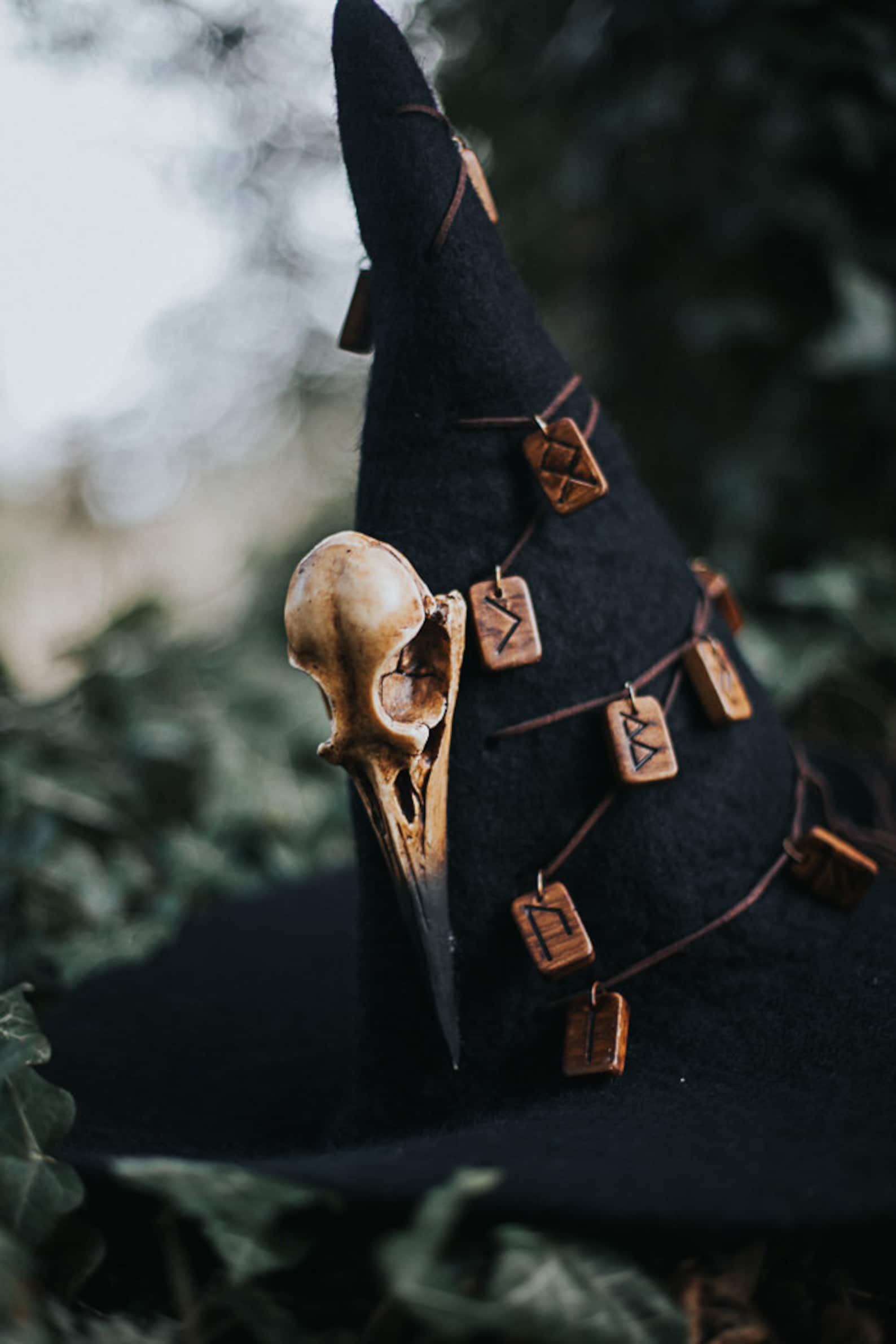 Witch Hat Wizard Magic Hat With Raven Skull and Runes Wizard - Etsy