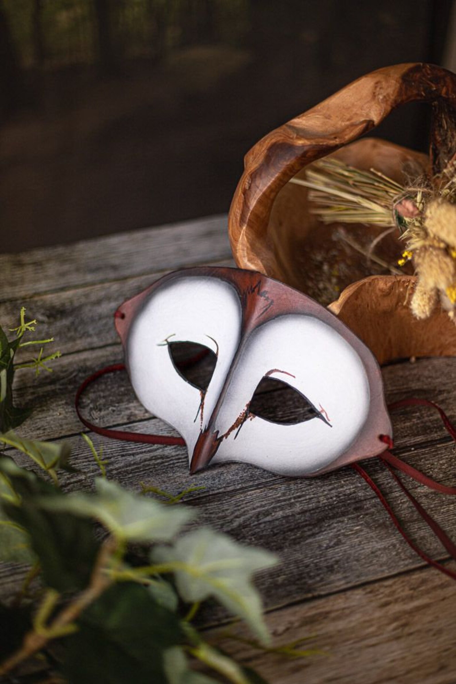 Barn Owl Leather Mask Fairy Leaf Maple Autumn Natural Wiccan Masquerade ...