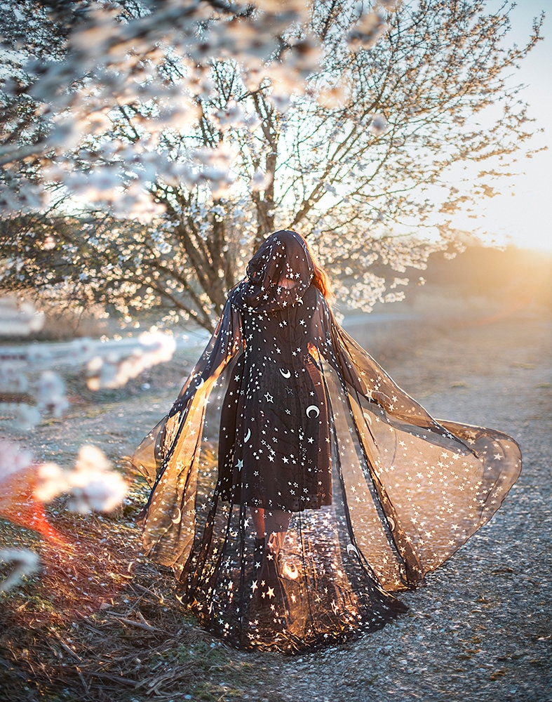 Black Stars & Moon Cloak in Vegan Silk Chiffon Celestial - Etsy UK