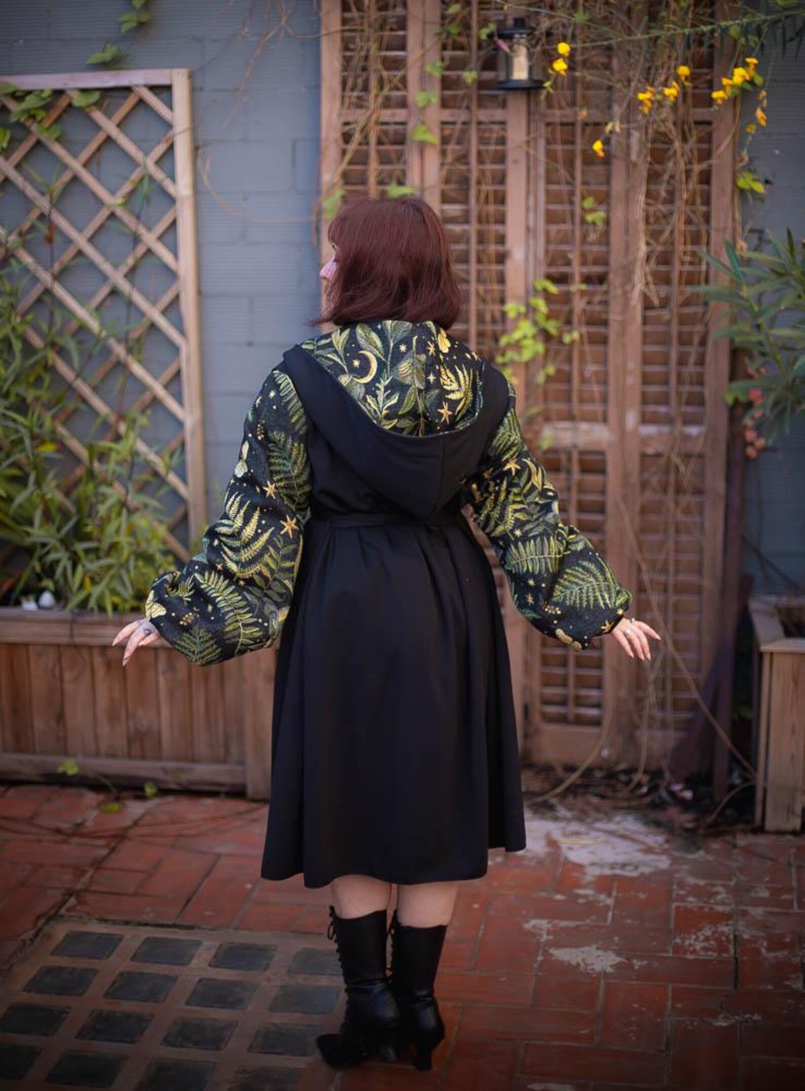 Ferns Trench Coat, Black and Green Jacket, Stars and Moths - Etsy