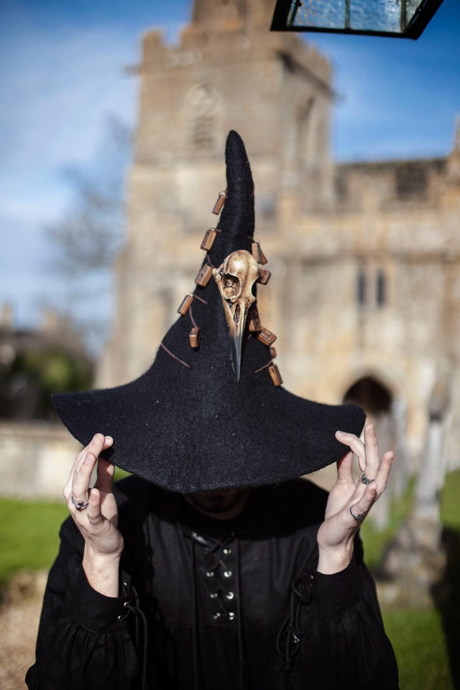 Witch Hat Wizard Magic Hat With Raven Skull and Runes Wizard - Etsy