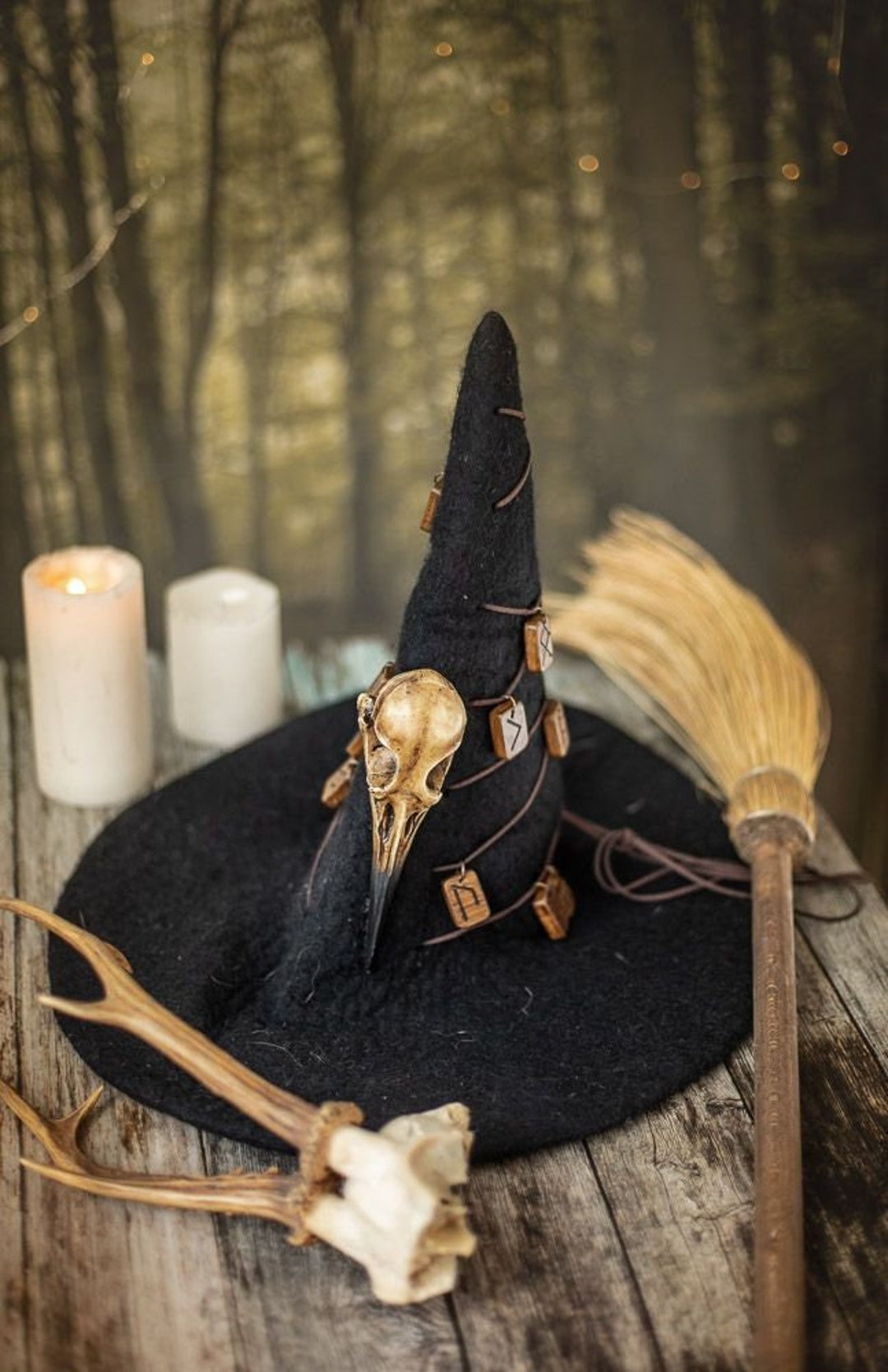 Witch Hat Wizard Magic Hat With Raven Skull and Runes Wizard - Etsy