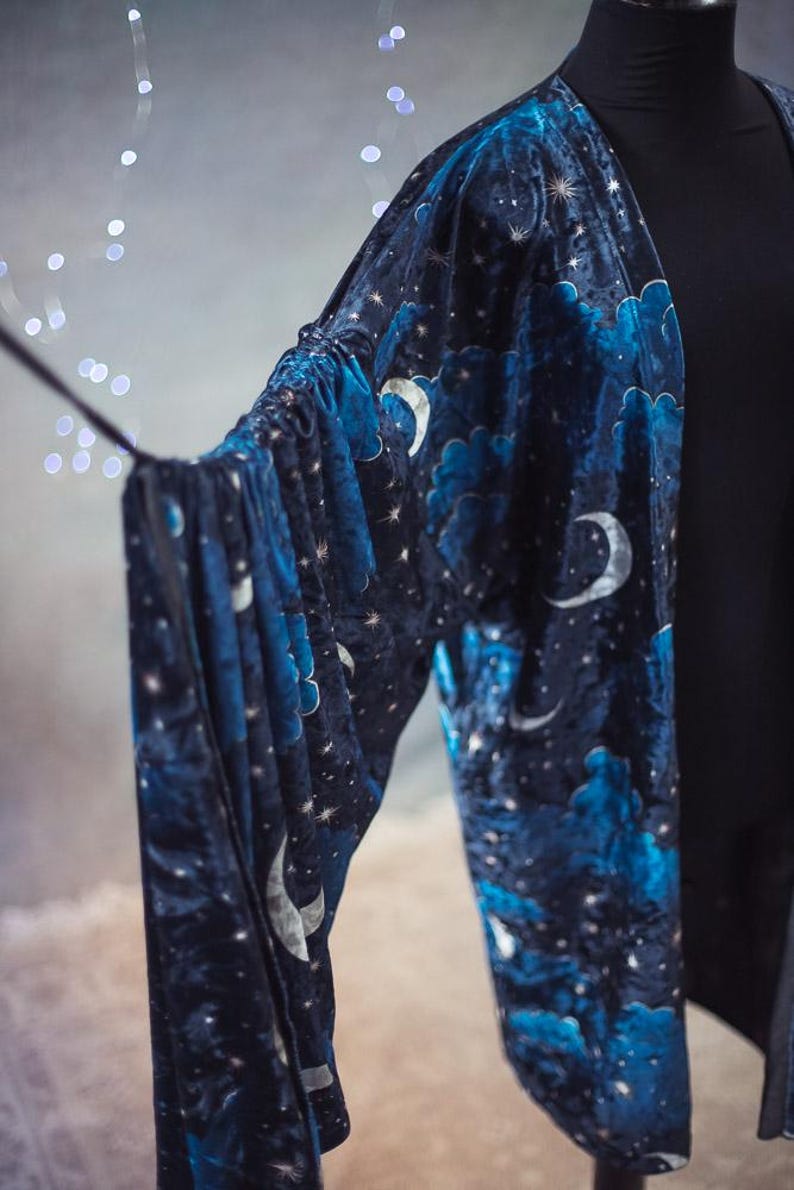 Celestial Robe, Whimsigoth Fashion Kimono, Moon Stars Vintage Velvet ...