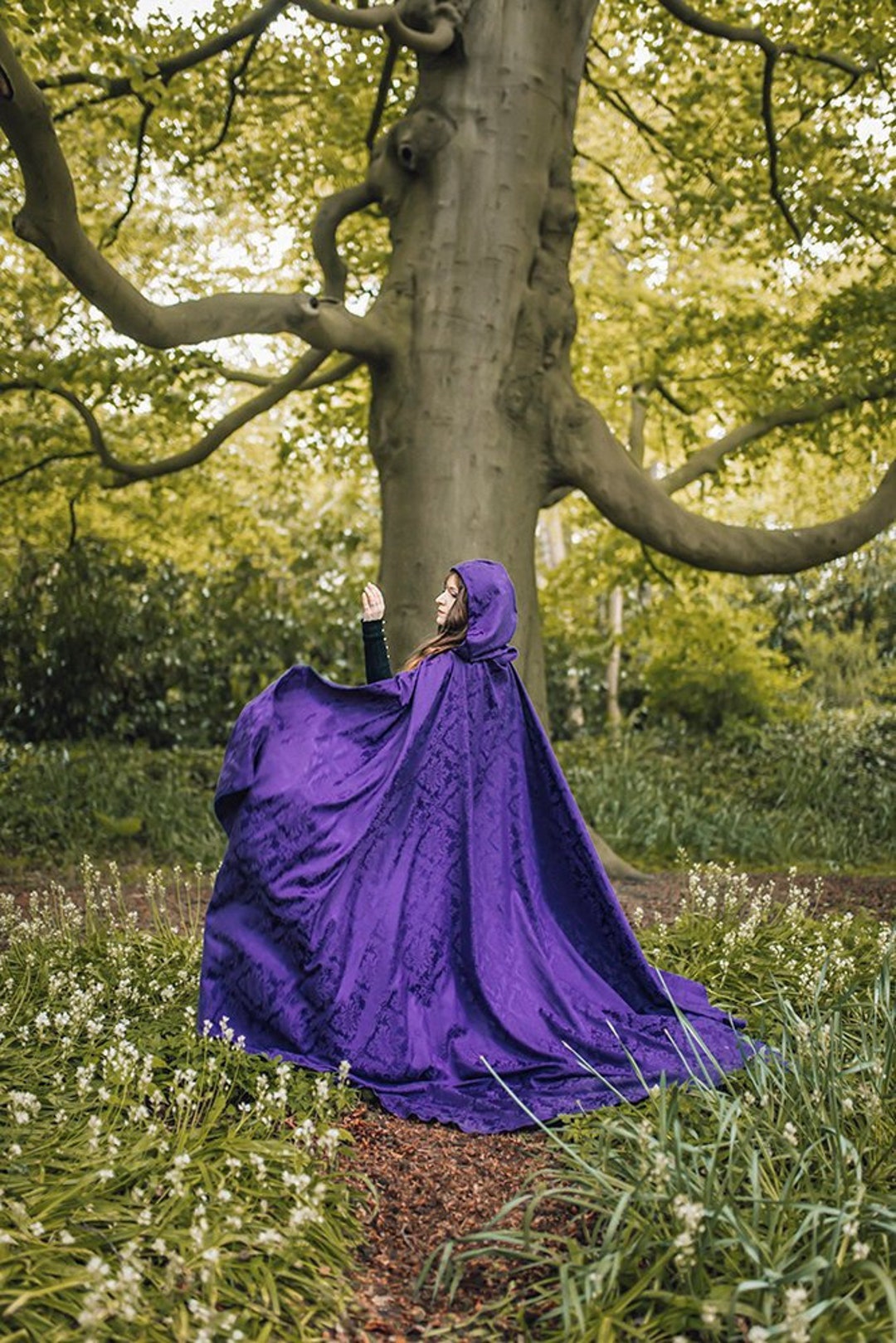 Purple Cape Damasc Cloak With Hood Long Hooded Cape Medieval Fantasy ...
