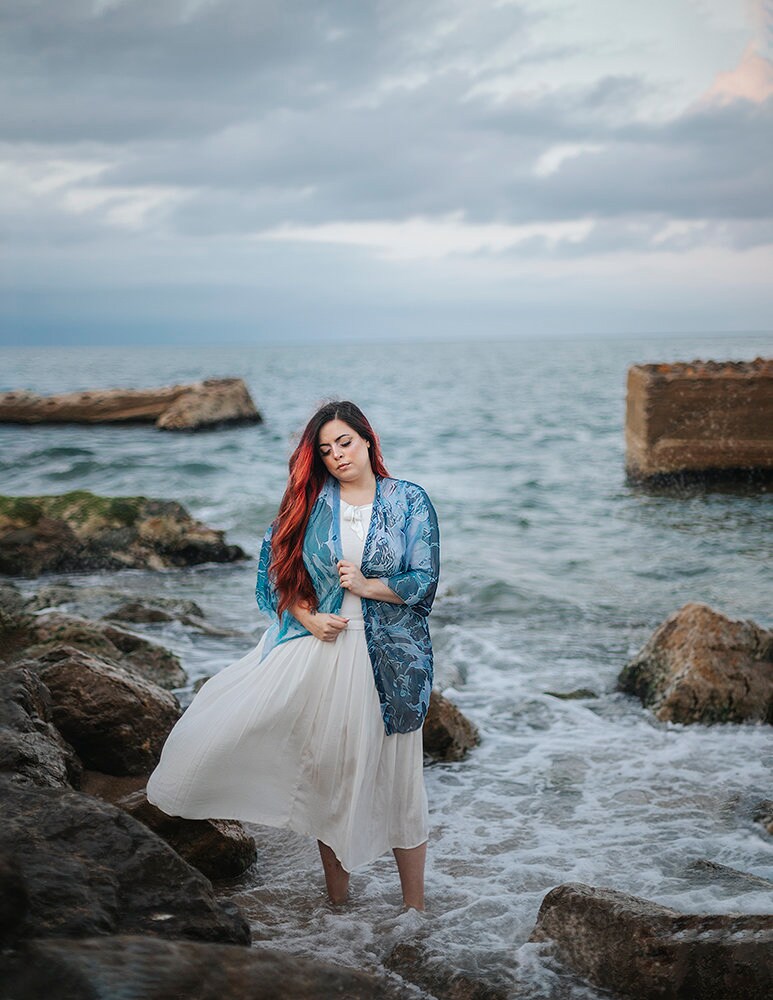 Kimono Robe Chiffon Blue Ocean Waves Cardigan Beach Cover up | Etsy