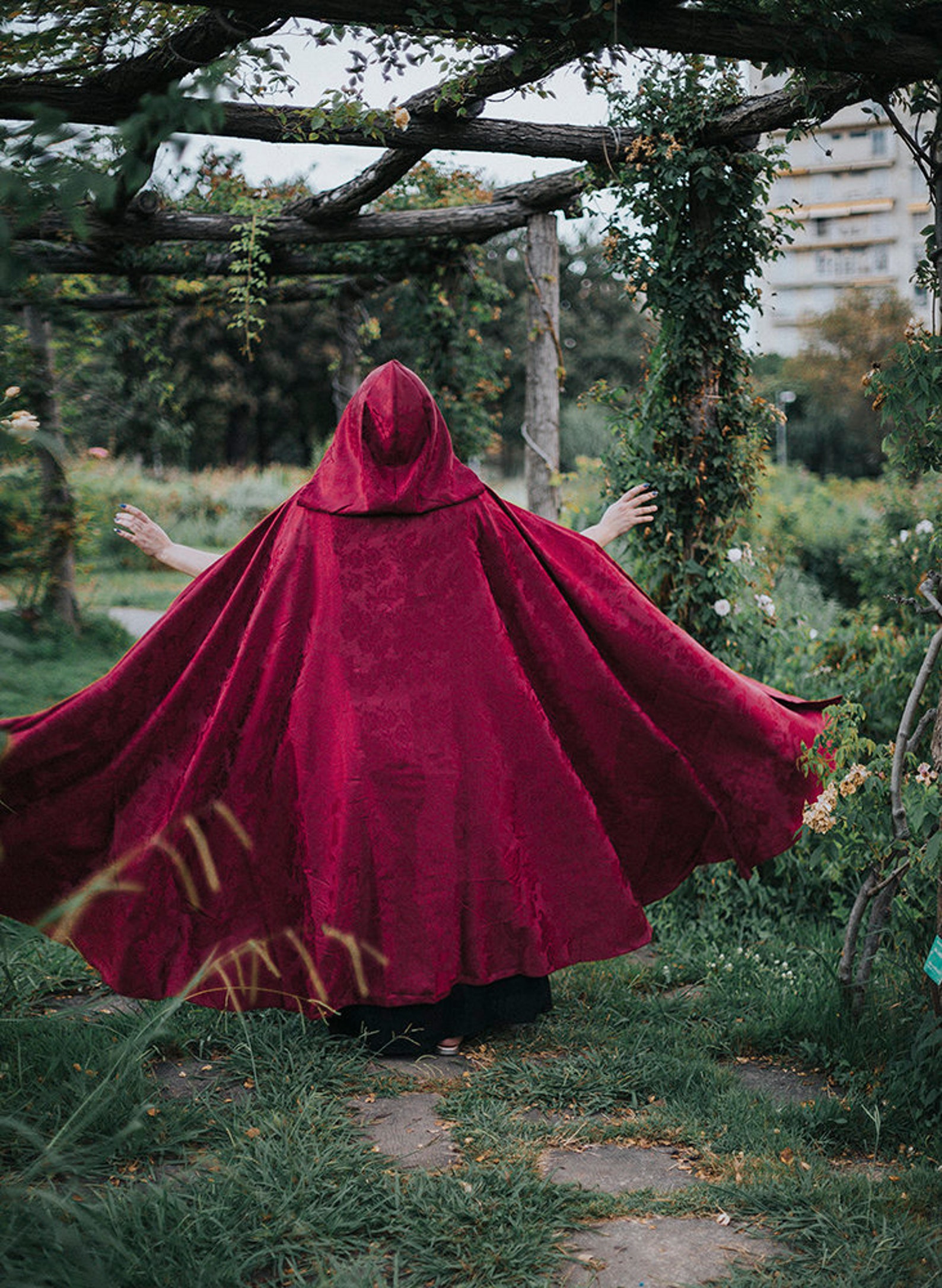 Bridal Red Cloak Burgundy Damasc With Hood Long Hooded Cape - Etsy