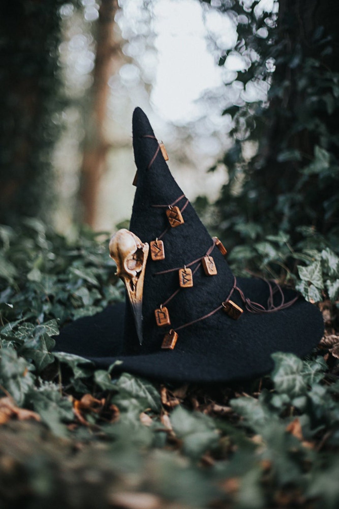 Witch Hat Wizard Magic Hat With Raven Skull and Runes - Wizard Black ...