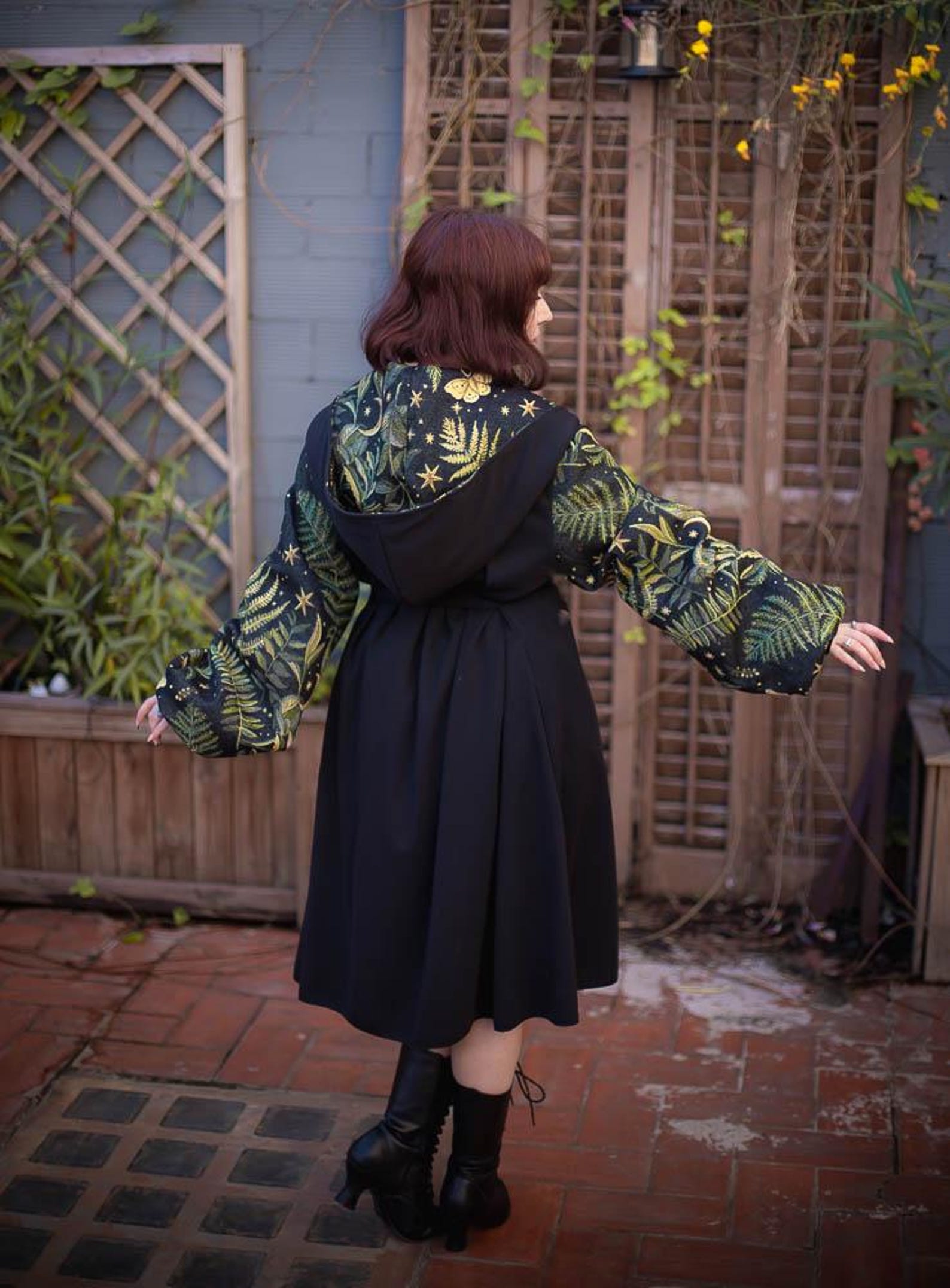 Ferns Trench Coat, Black and Green Jacket, Stars and Moths - Etsy