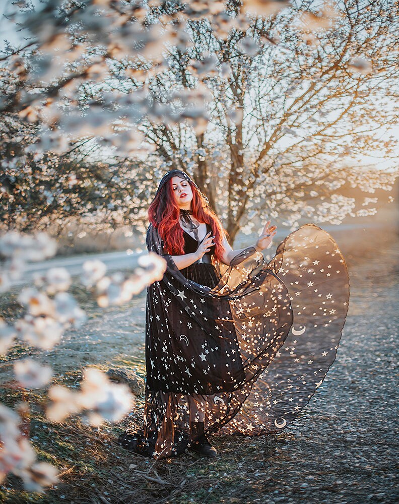 Black Stars & Moon Cloak in Vegan Silk Chiffon Celestial - Etsy UK