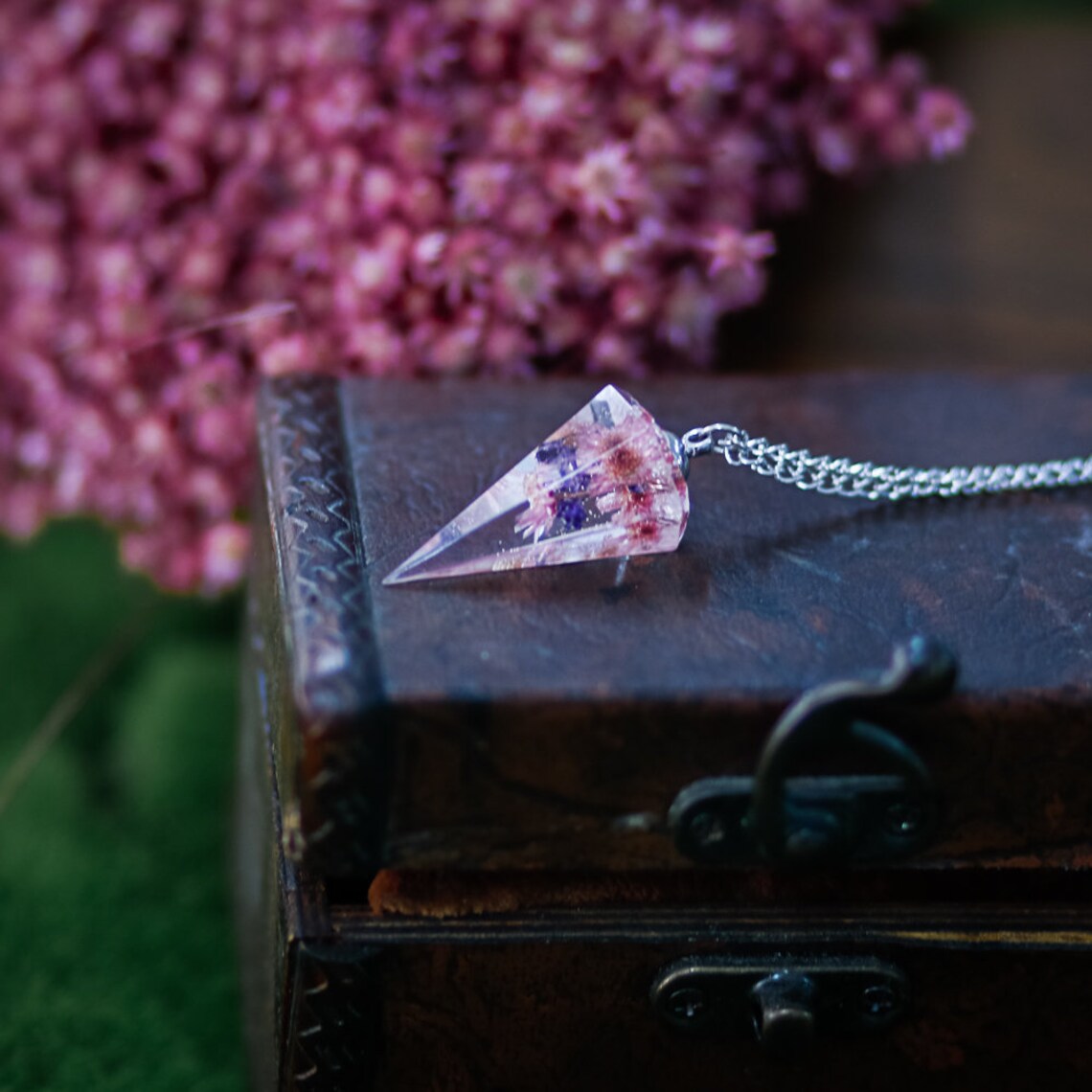 Flowers Pendulum Resin Necklace Crystal Jewelry Pink Spring - Etsy
