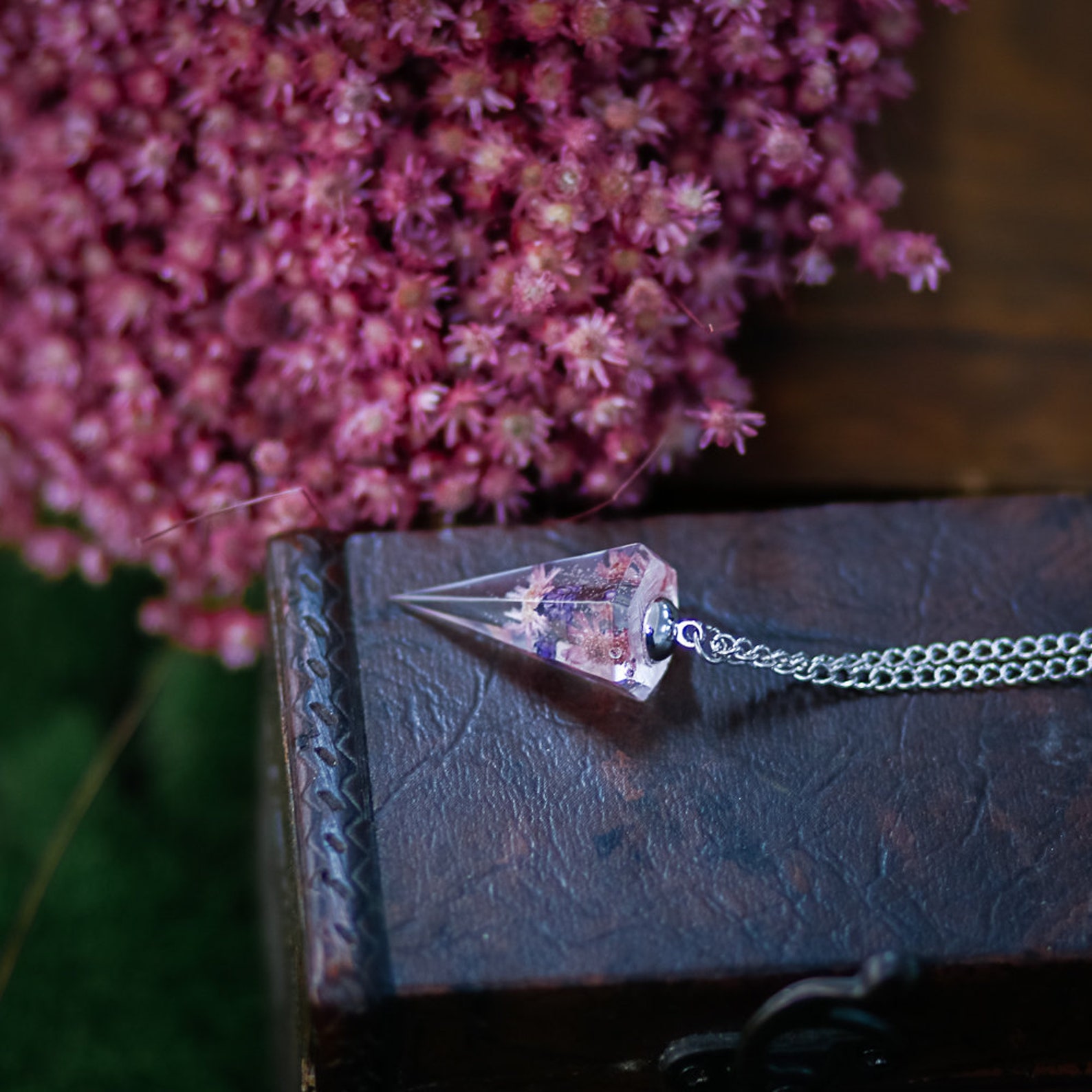 Flowers Pendulum Resin Necklace Crystal Jewelry Pink Spring - Etsy