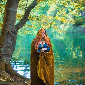 Gold Velvet Cape Dark Yellow Hooded Cloak, Medieval Elven Fantasy ...