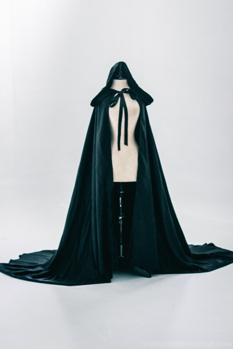 Black cloak dark satin cape with hood | Etsy
