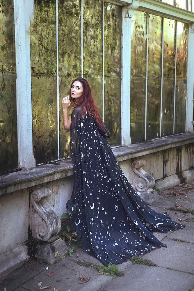 Black Stars & Moon cloak in vegan silk chiffon Celestial | Etsy