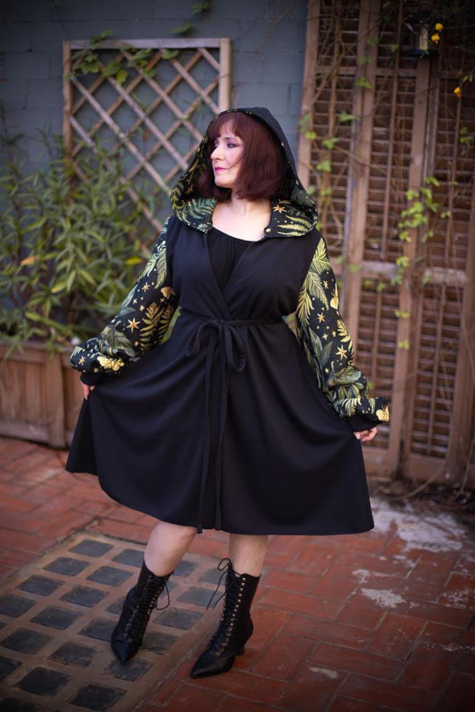 Ferns Trench Coat, Black and Green Jacket, Stars and Moths - Etsy