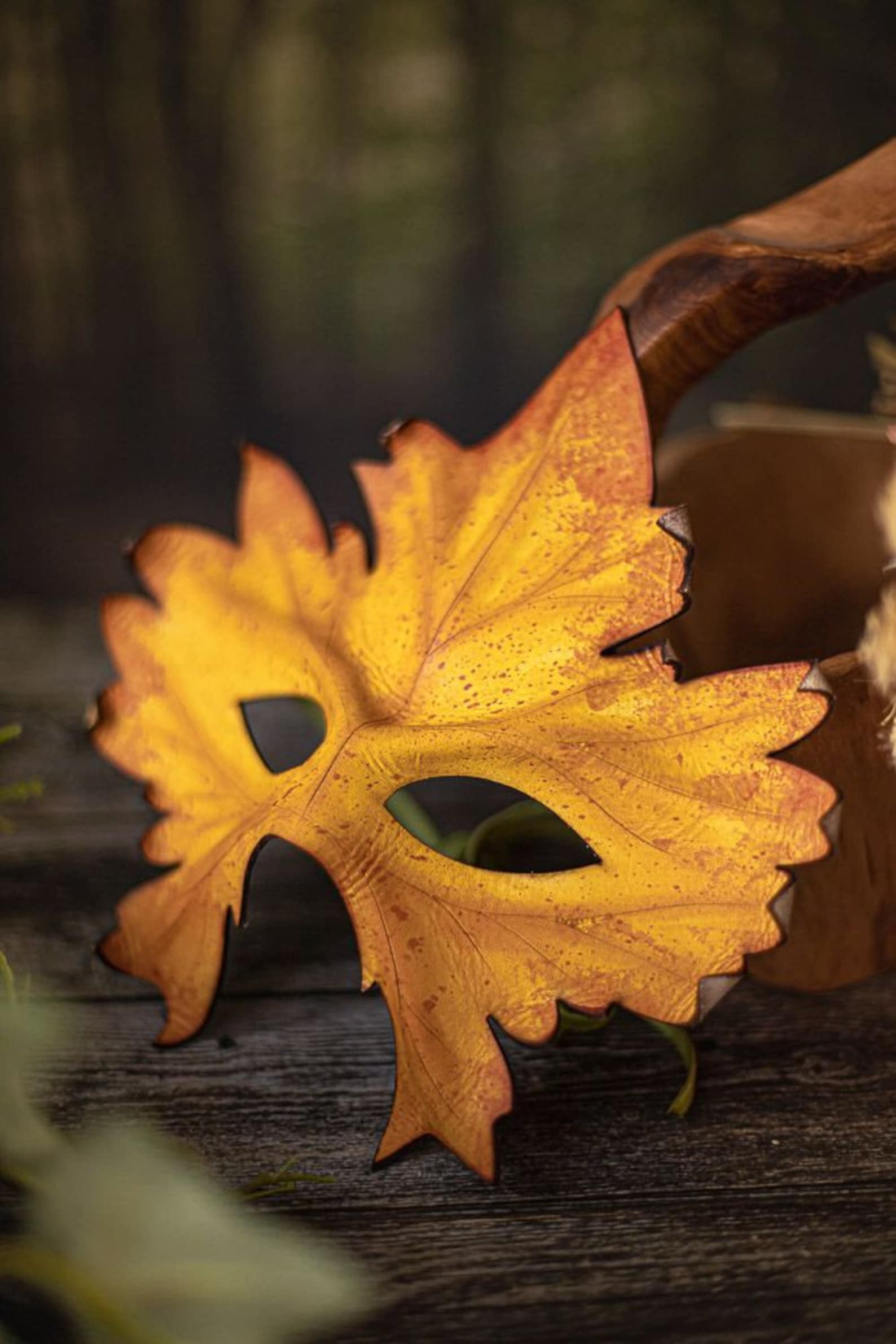 Leather Mask Druid Leaf Maple Autumn Natural Wiccan Masquerade Green ...