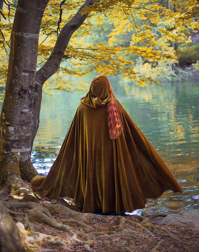 Gold Velvet Cape Dark Yellow Hooded Cloak, Medieval Elven Fantasy ...