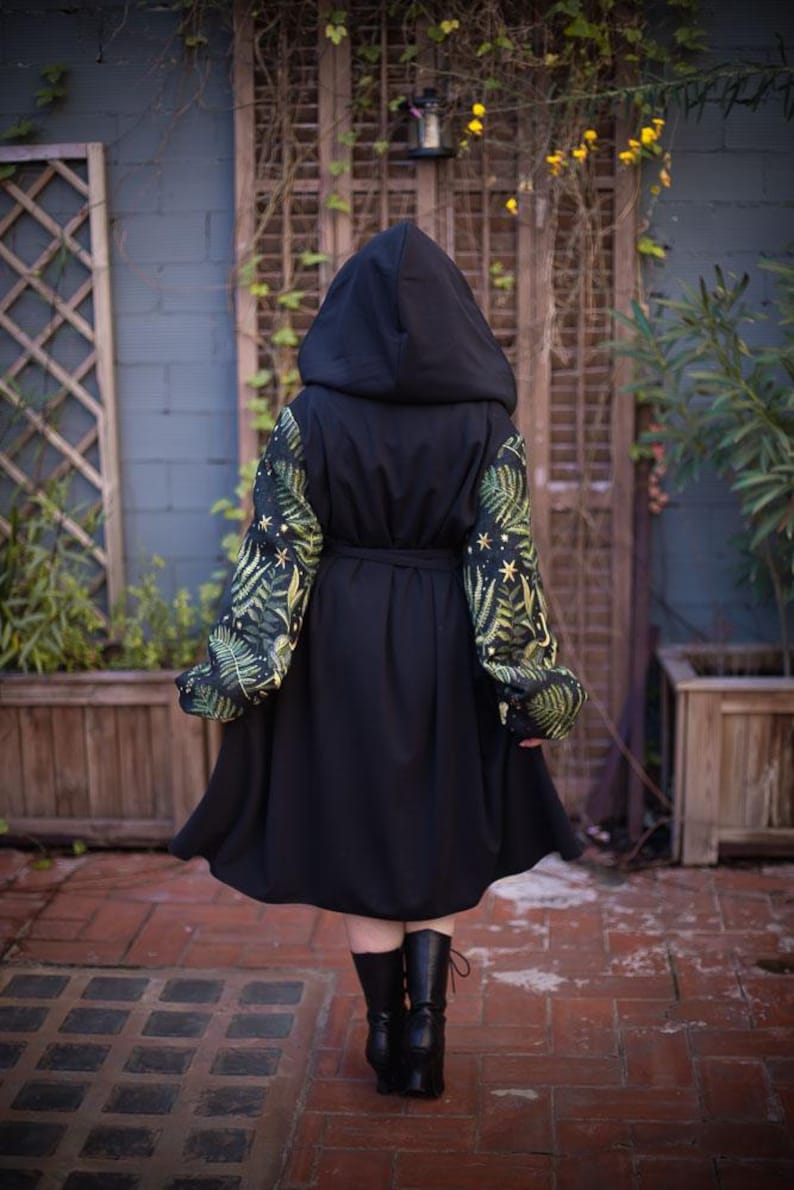 Ferns Trench Coat, Black and Green Jacket, Stars and Moths - Etsy