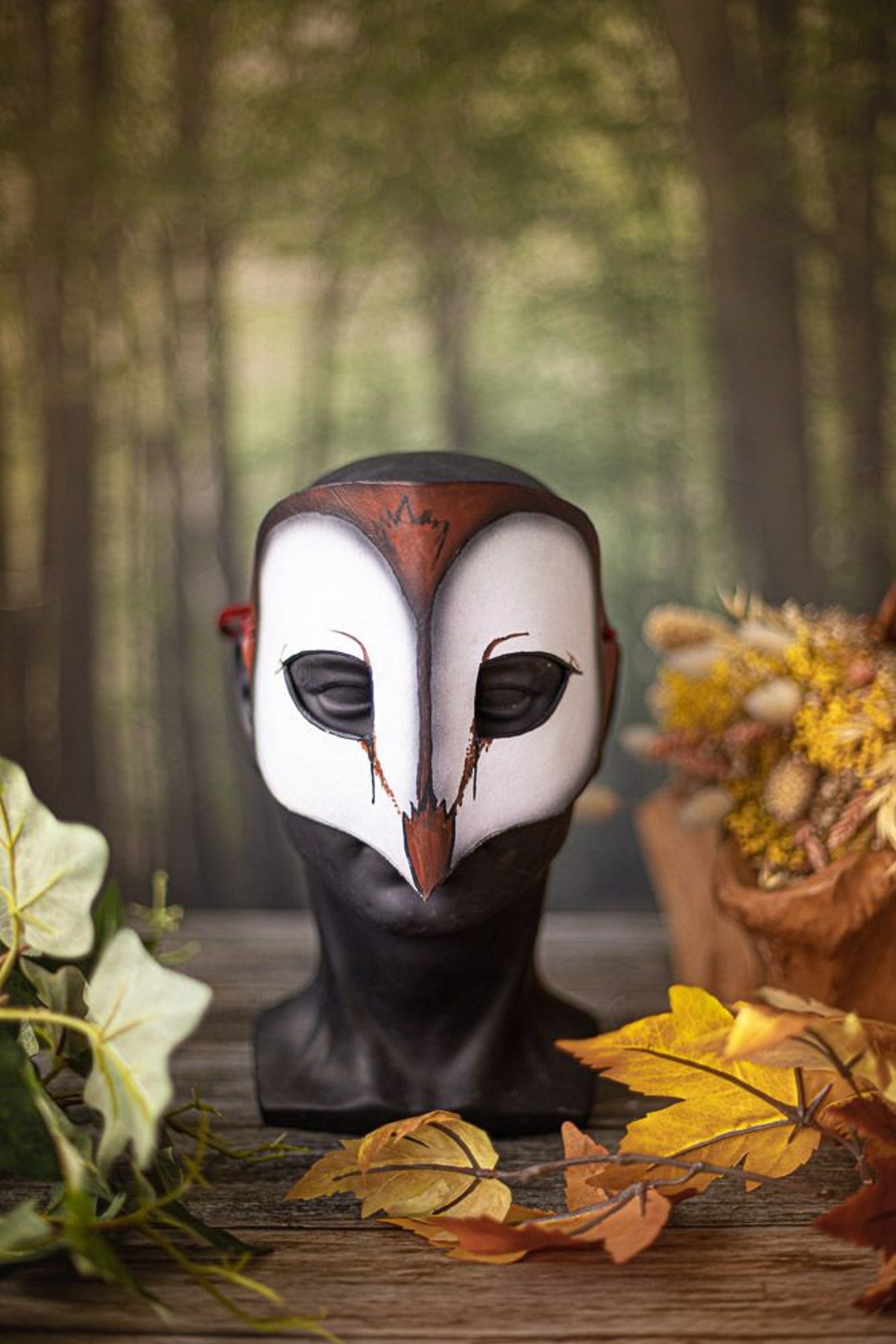 Barn Owl Leather Mask Fairy Leaf Maple Autumn Natural Wiccan Masquerade ...
