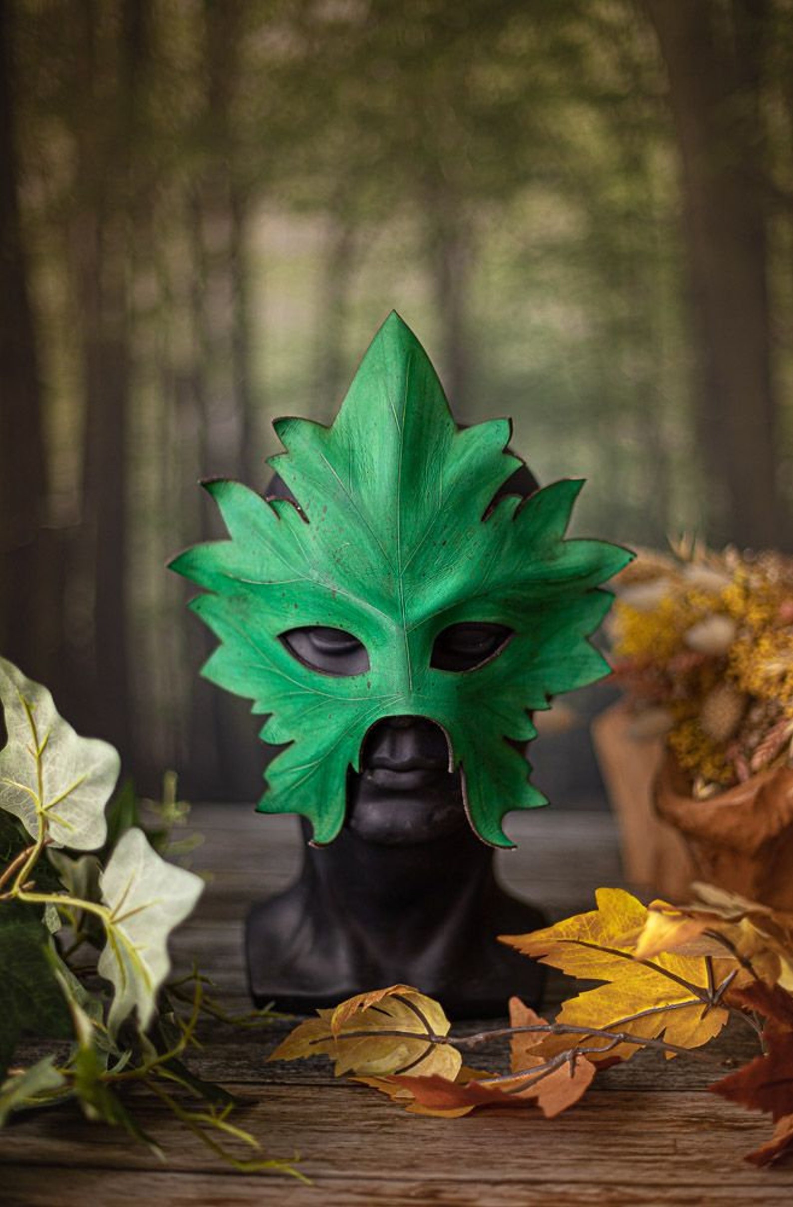 Leather Mask Druid Leaf Maple Autumn Natural Wiccan Masquerade Green ...