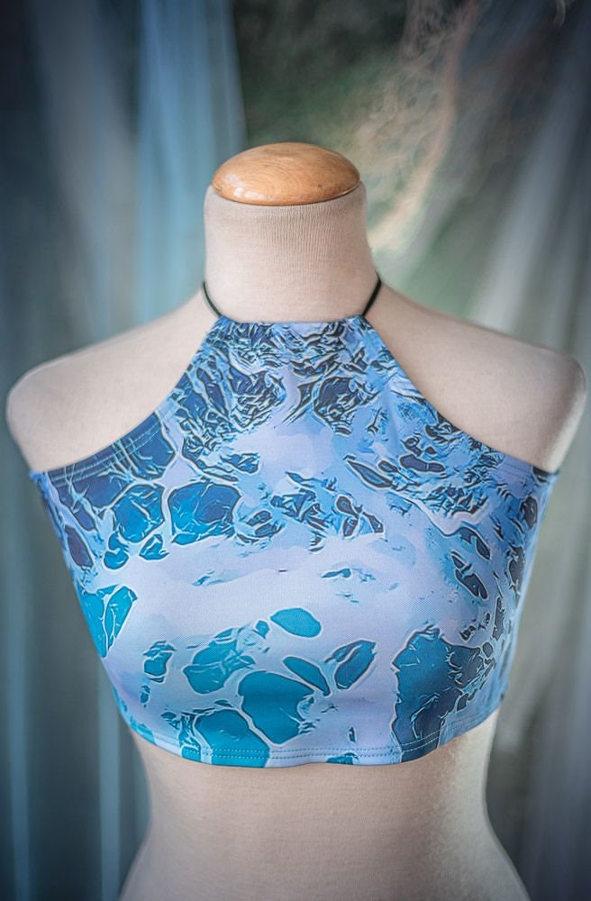 Halter Bikini Top, Blue Wave Print Scuba Knit Swimwear - Etsy