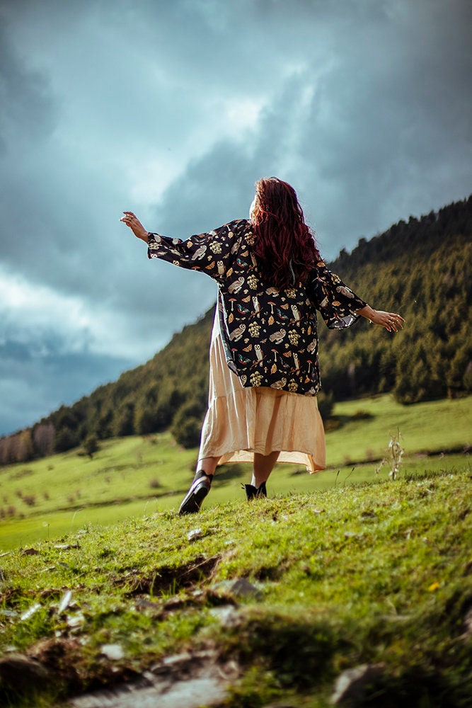 Owl Mushroom Robe Sylky Clothing Cardigan Kimono Fashion cover | Etsy