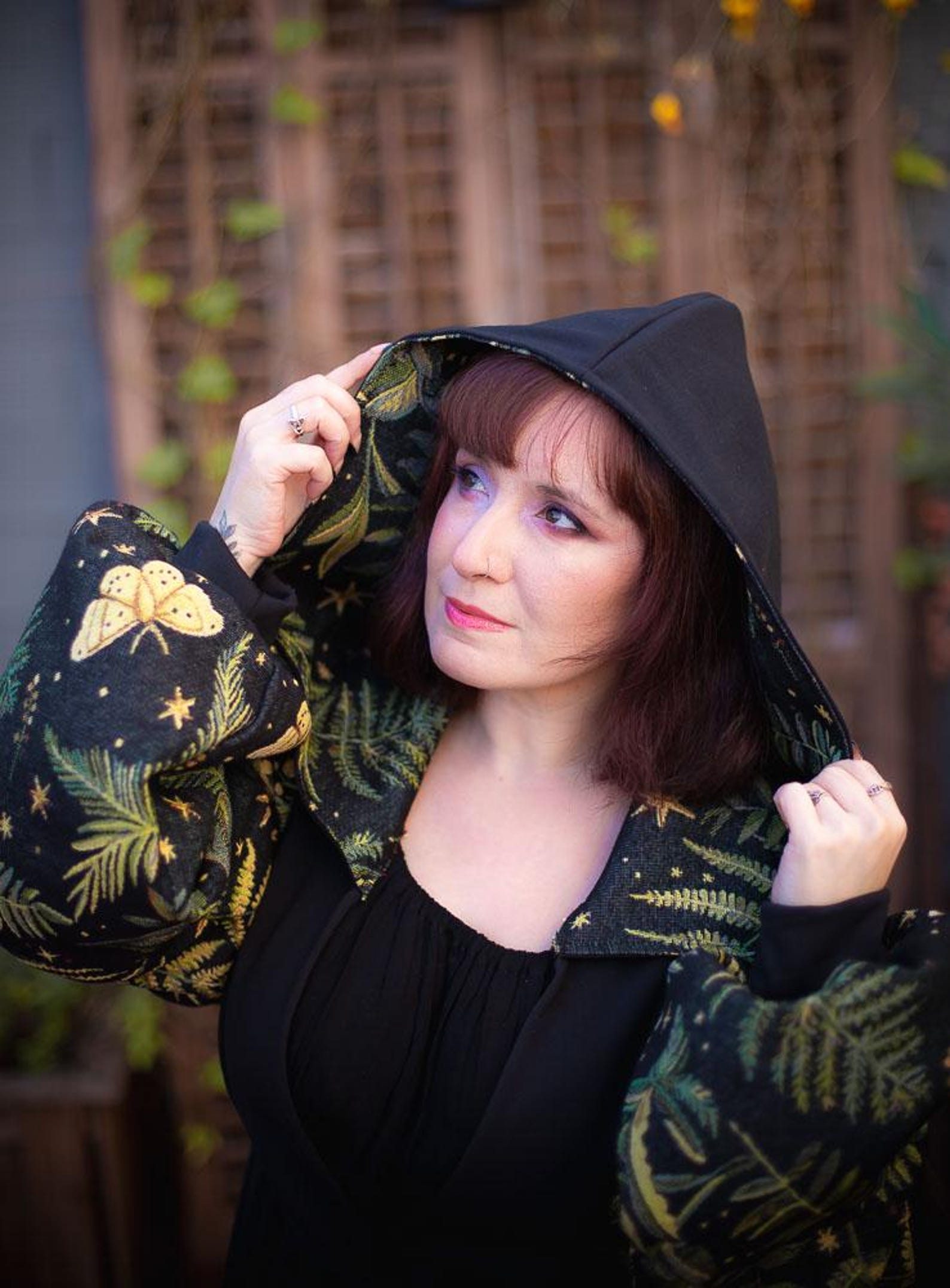Ferns Trench Coat, Black and Green Jacket, Stars and Moths - Etsy