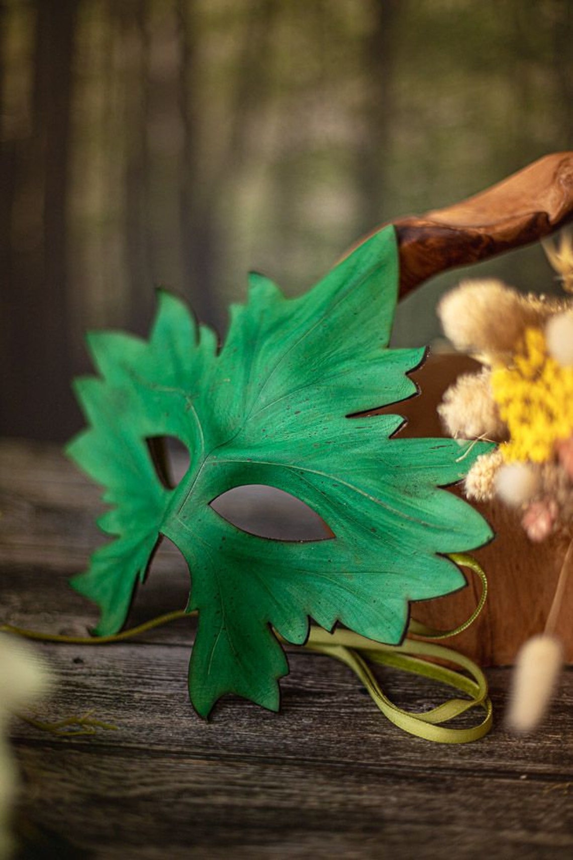 Leather Mask Druid Leaf Maple Autumn Natural Wiccan Masquerade Green ...