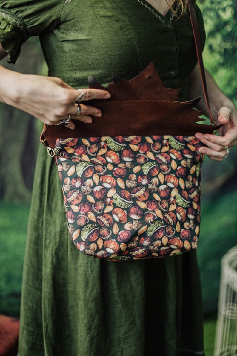 Elven Leaf Bag Chestnuts Fabric and Leather Autumn Nature - Etsy