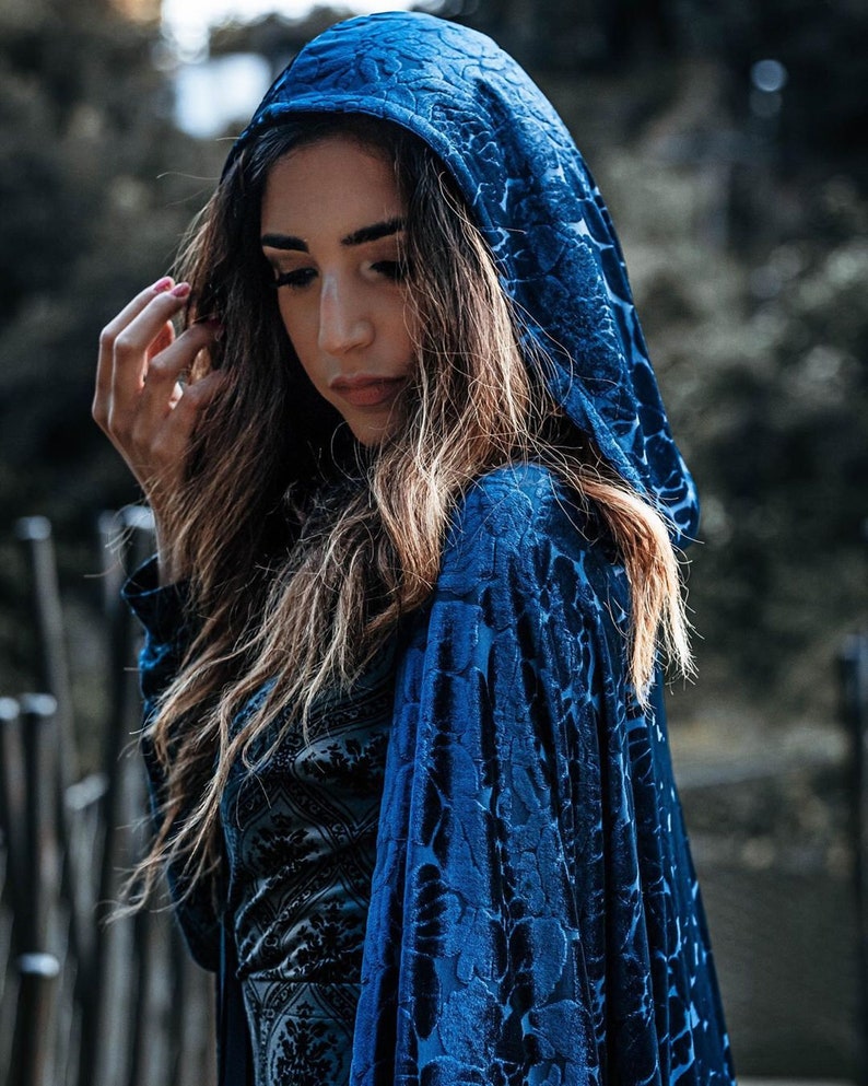 Cloak Burnout Velvet Dark Blue Cape Fairytale Fantasy Witch Hood Elven ...