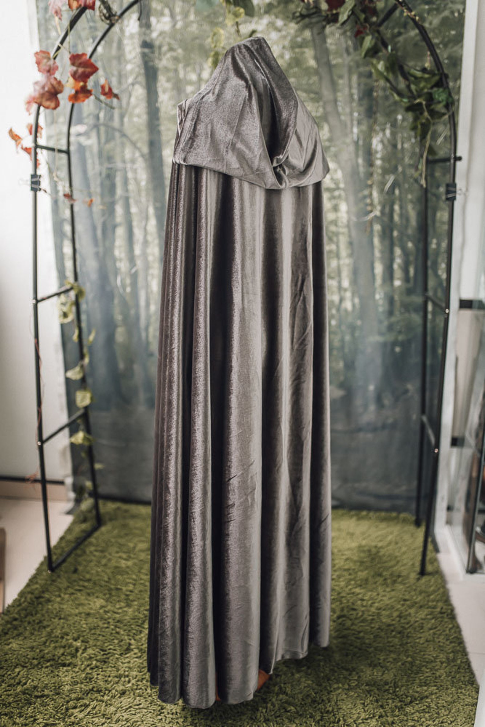 Silver Velvet Cape Dark Grey Hooded Cloak, Medieval Elven Fantasy ...