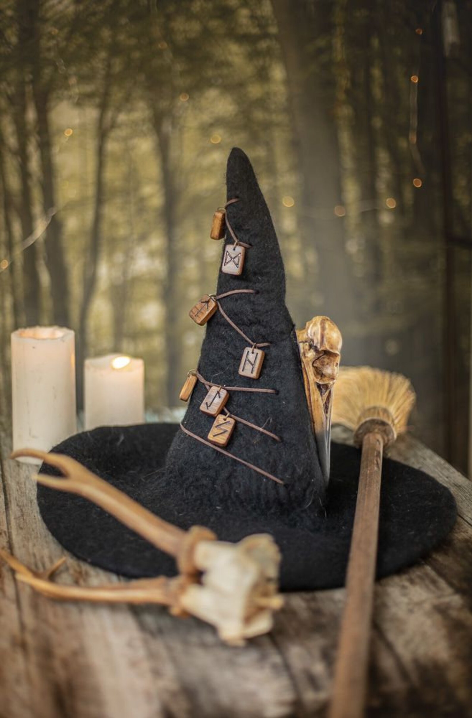 Witch Hat Wizard Magic Hat With Raven Skull and Runes Wizard - Etsy