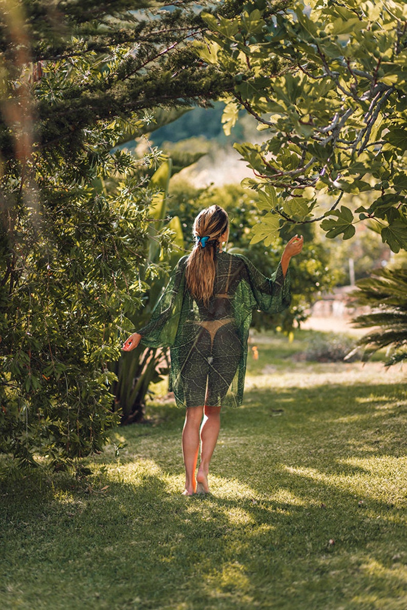 Kimono Robe chiffon Cardigan Beach cover up green leaf | Etsy