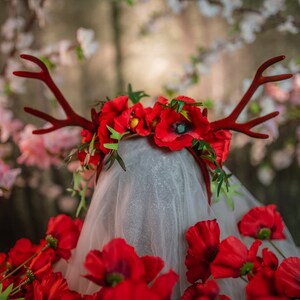 Antler Headband Poppy Flowers Red Horns Fairy Tale Horn Headband ...